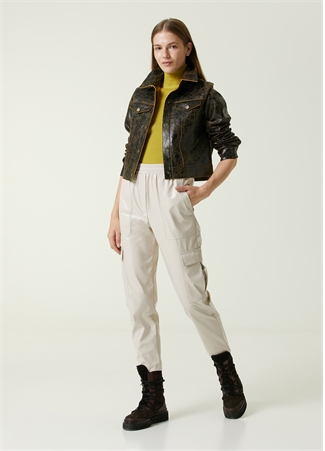 Beymen Club Kadın Siyah Sarı Dokulu Trucker Deri Ceket S